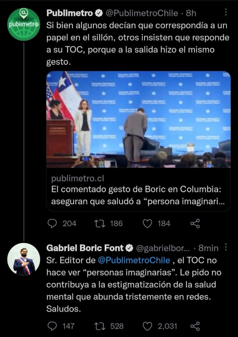 “El TOC no hace ver ‘personas imaginarias’”: Presidente Boric responde ... “El TOC no hace ver ‘personas imaginarias’”: Presidente Boric responde ...