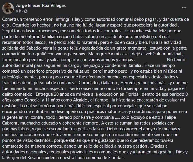 La última publicación del alcalde de Florida, Jorge Roa, antes de morir ...