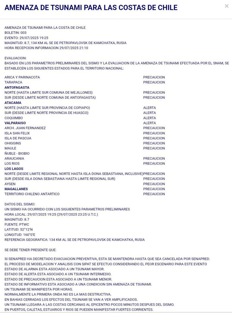 Senapred reporta alerta de tsunami en tres regiones de Chile